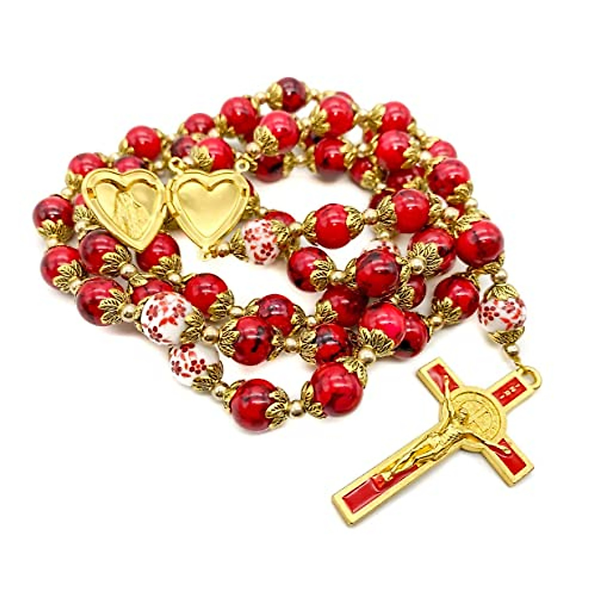 Nazareth Store Saint Benedict Red Rosary Beads Catholic Necklace Flowers Mystery Bead Miraculous Medal Locket Cross Prayer Rosarios Catolicos