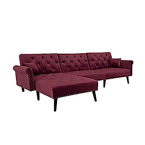 MOEO Convertible Sleeper Sectional Sofa with 2 Pillows and Reversible Chaise Lounge, L-Shaped Button Tufted Nailhead Decor Corner Sofá Couch for Living Room Furniture, Red