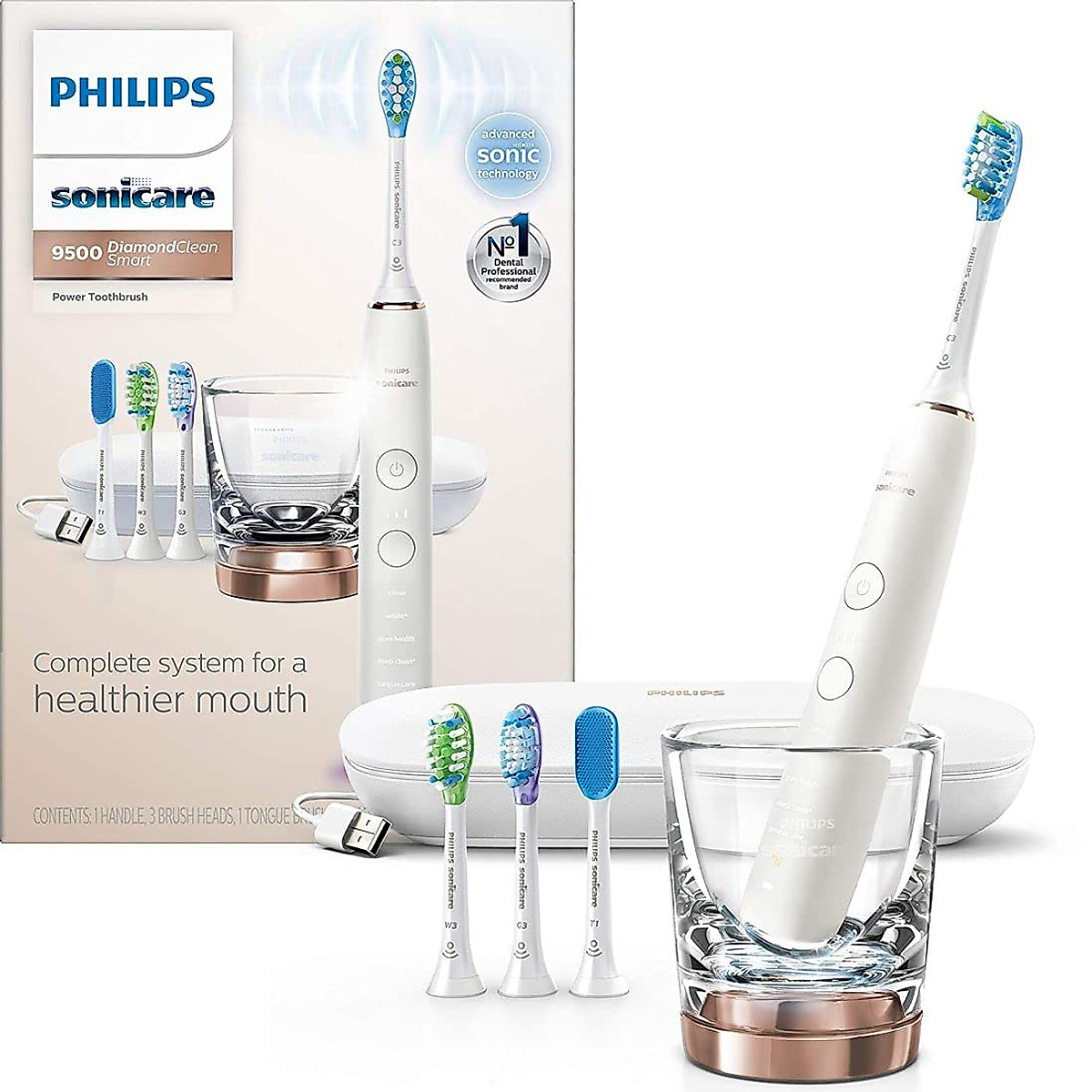 Philips Sonicare HX9924/61 DiamondClean Smart Rechargeable Sonic Toothbrush with 5 Flexible Brushing Modes, 3 Intensities, USB Charging Travel Case and Glass Charger