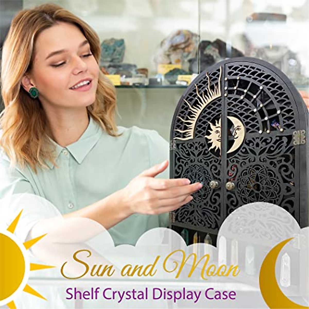 Sun and Moon Shelf Crystal Display Case - Wall Hanging Crystal Display Shelf for Stones, Nail Polish, & Essential Oil Storage - Crystal Holder for Stones Display - Crystal Shelf Crystal Cabinet