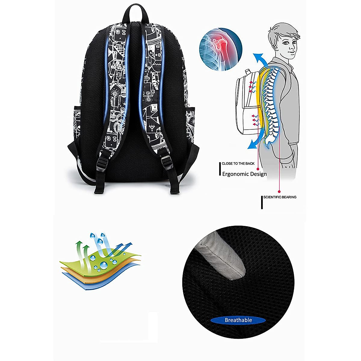 Ozmego Boys School Backpacks Midlle School College Bookbag for Teens Boys Girls (Black Print)