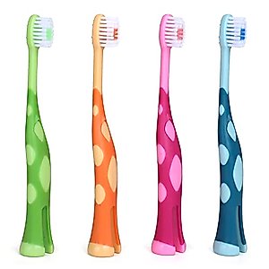 55Dental Kids Toothbrush Set of Soft Giraffe Toothbrush for Kids 3-12. Easy-Grip, Bristle Cover, Self-Standing & Splited Bottom for Cup Rim. by Lix, 4 Colors