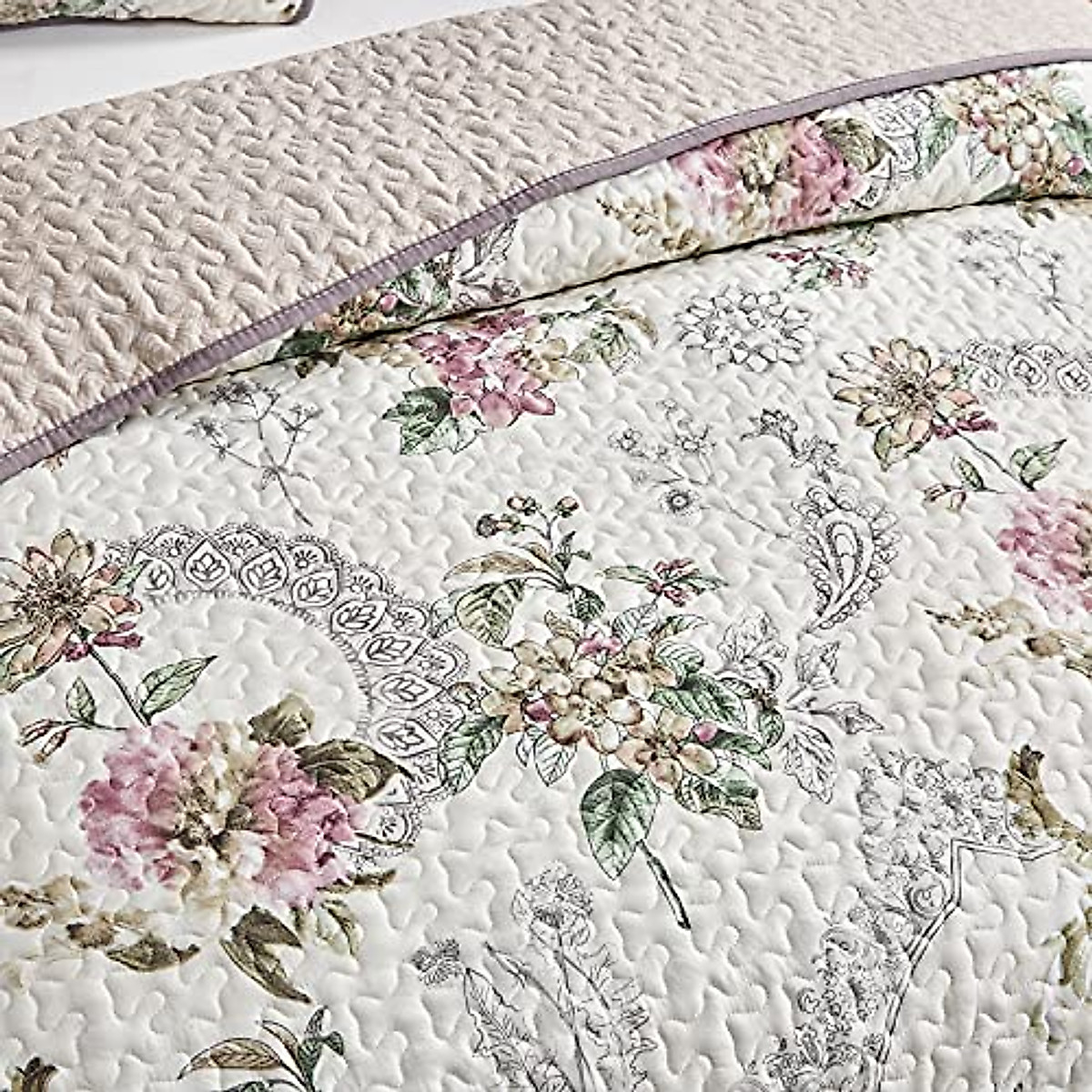 3 Pieces Quilt Set Full/Queen Size, Beige Floral Reversible Bedspread Coverlet Set, Soft Microfiber Lightweight Bed Cover for All Season (90" x 90", 1 Quilt+ 2 Pillow Shams)