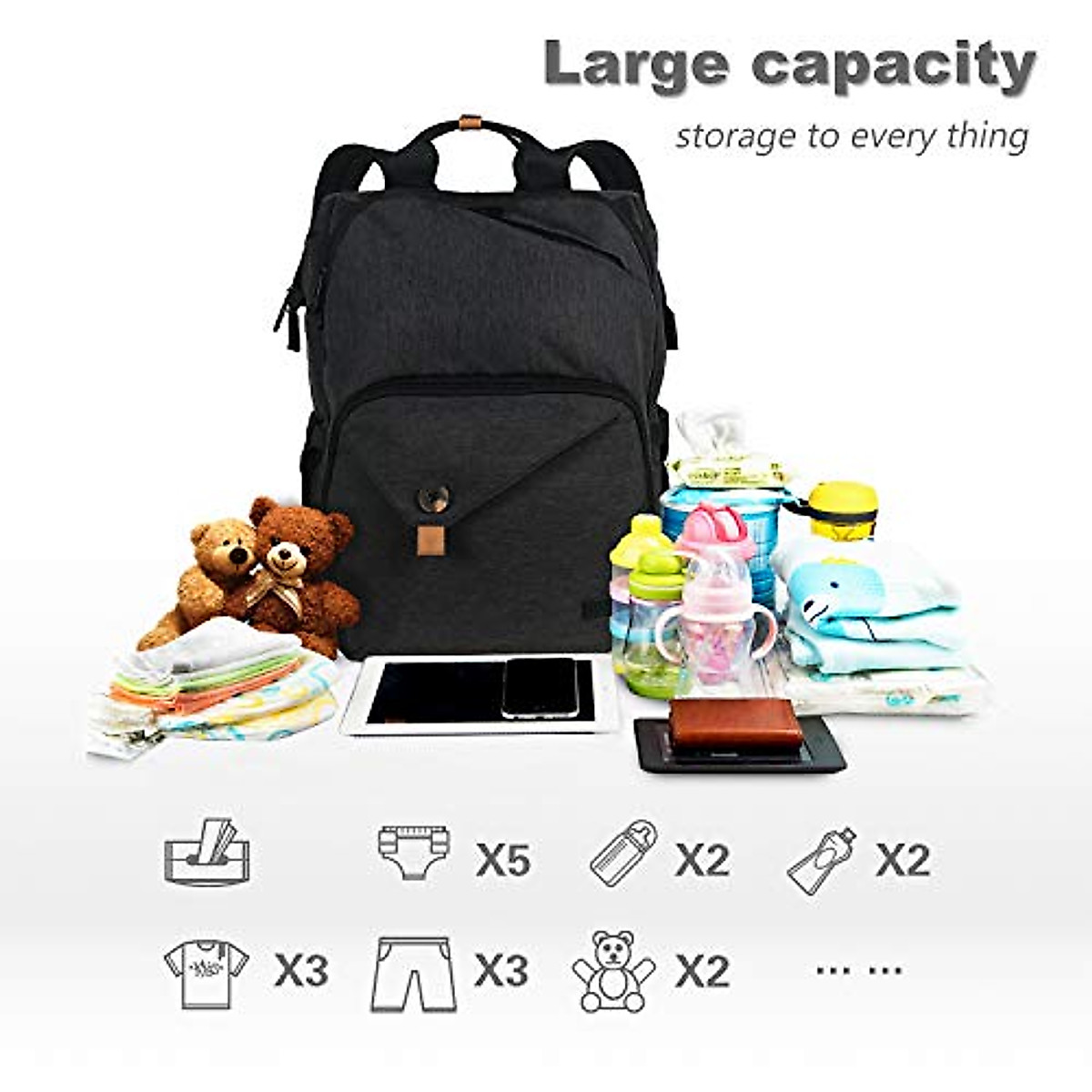 Hap Tim Diaper Bag Backpack,Large Capacity Travel Back Pack Maternity Baby Nappy Changing Bags, Double Compartments with Stroller Straps,Waterproof,Black (US7340-DG)
