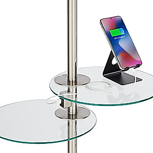 Possini Euro Design Concierge Modern Floor Lamps 63" Tall Set of 2 with Double Tray Table USB Charging Port Brushed Nickel Drum Shades Decor for Living Room Reading House Bedroom Home