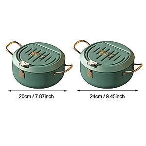 Tempura Frying Pan, 10 inch Deep Fryer Pot with Temperature Control, Carbon Steel Japanese Fryer Pot for Kitchen Home Cooking Chicken Legs, Dried Fish Tools (Green)
