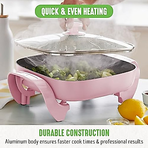 GreenLife Healthy Ceramic Nonstick, 12" 5QT Square Electric Skillet with Glass Lid, Dishwasher Safe, Adjustable Temperature Control, PFAS-Free, Pink