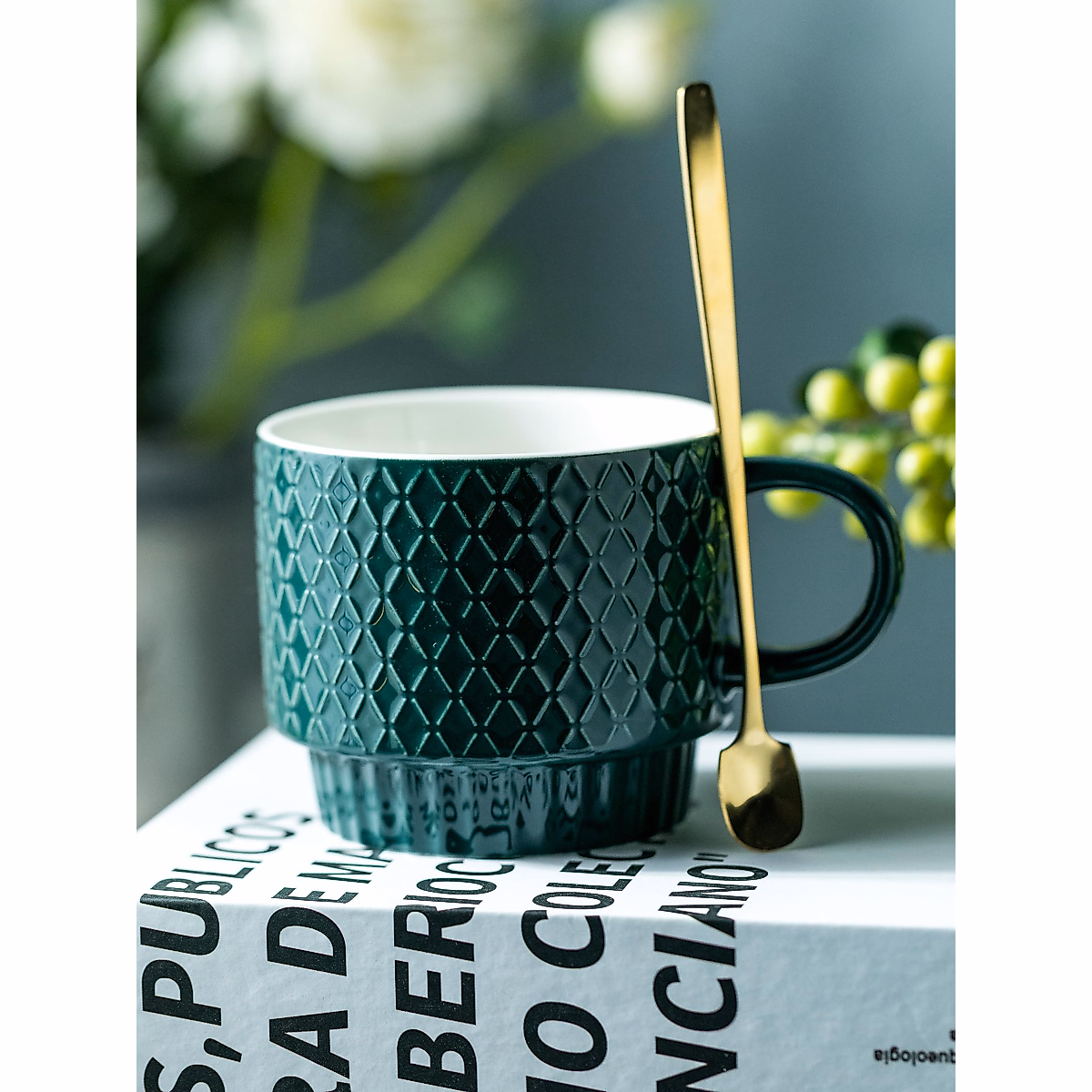 LYEOBOH Coffee Mug Set Porcelain Stackable Coffee Mugs with Stand and Spoons, 13 OZ. Cappuccino Cup Demitasse Cups for Drinks, Espresso, Latte,Set of 4, Dark Green