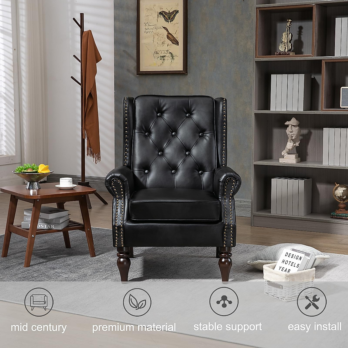 Meesifeel PU Leather Accent Chair,High Wingback Chair with Buttons, Modern Living Room Chairs,Single Club Armchair with Rivet Decoration,Upholstered Reading Chairs for Living Room/Bedroom (Black)