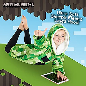 Minecraft Fleece Hoodie Blanket for Kids and Teenagers One Size Kids Fleece Poncho with Sherpa-Lined Hood Gifts for Gamers (Light Green)