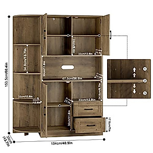 HOSTACK 60.4" Farmhouse Kitchen Pantry Storage Cabinet, Freestanding Hutch with Doors & Shelves, Buffet Sideboard with Microwave Stand, Coffee Bar with Drawers, Cupboard for Dining Room, Rustic Brown