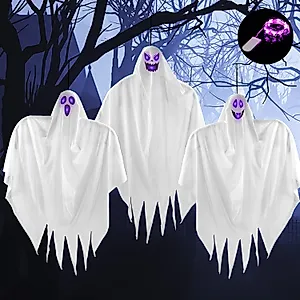 27.5” Halloween Hanging Ghosts Glow in The Dark for Halloween Party Decoration (3 Pack), Cute Flying Ghosts for Front Yard Patio Garden Tree Lawn Party Halloween Holiday Hanging Decorations