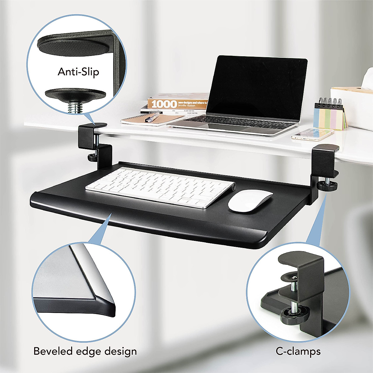 EHO Clamp-On Retractable Adjustable Keyboard Tray, Under Desk Ergonomic Keyboard Tray - Easy Tool-Free Install - Small Surface 20" x 11.5"