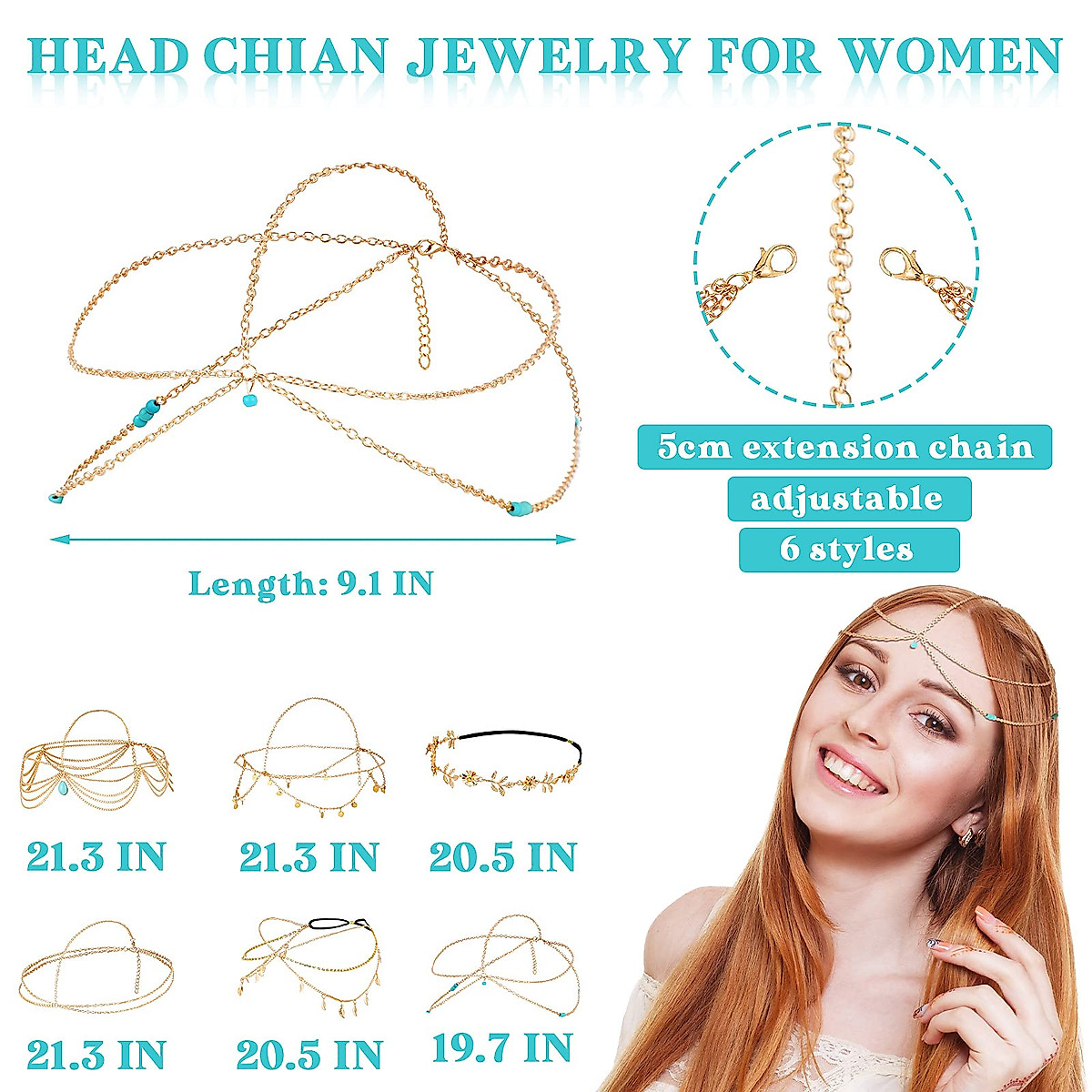 MTLEE 6 Pcs Gold Head Chain Jewelry Boho Bridal Headpiece Turquoise Tassel Headbands Boho Hair Accessories for Women Girls