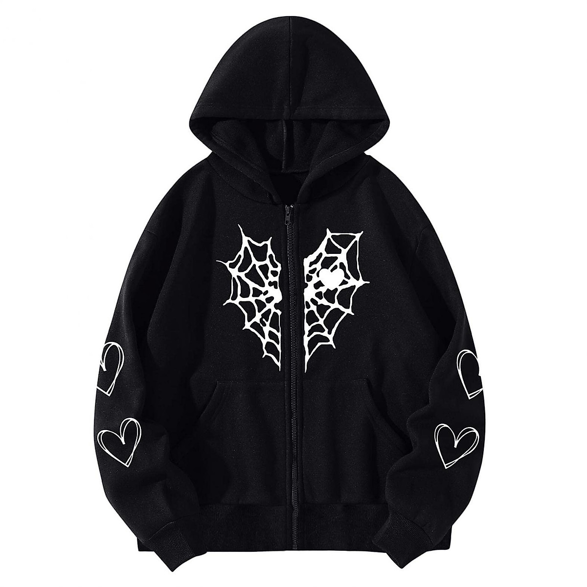 Y2K Hoodies for Women Full Zip Up Print Graphic Pockets Hooded Jacket 90s Long Sleeve Sweatshirt with Hood Grunge Harajuku Streetwear Punk Goth Fall Halloween windbreaker Spider Web Heart Black