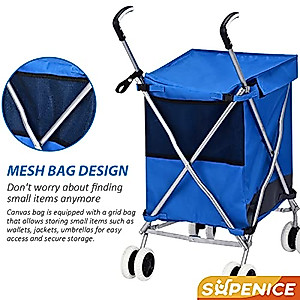 Supenice Folding Grocery Shopping Cart Rolling Utility Cart with 360° Double Front Swivel Wheels Waterproof Removable Canvas Bag with Cover for Laundry Grocery, Shopping, Baggage, Picnic (Blue)