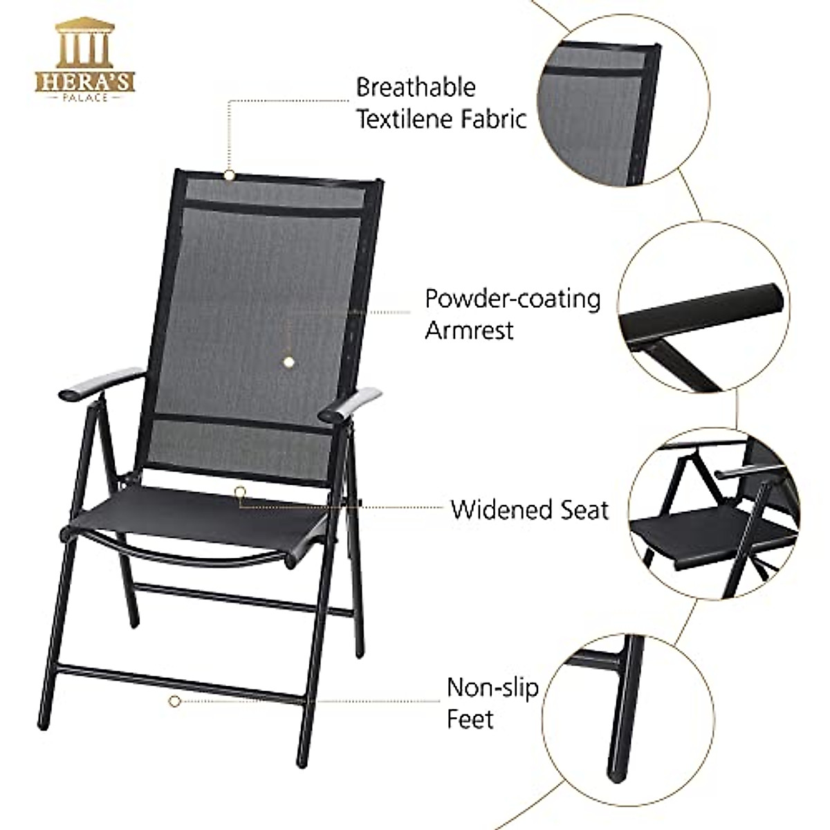 HERA'S PALACE Patio Dining Chair Foldable and Portable, Outdoor Folding Chairs with Armrest, Reclining High Back Sling Dining Chairs for Garden, Poolside, Backyard (2pcs, Black)