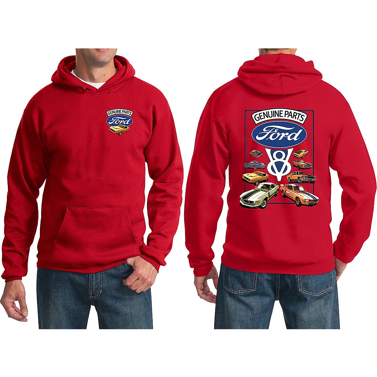Ford Mustang V8 Collection Front and Back Hoodie, Red Large