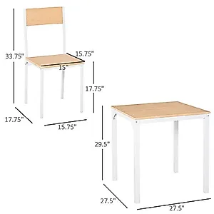HOMCOM 3-Piece Wooden Square Dining Table Set with 1 Table and 2 Chairs and Sturdy Metal Frame for Small Space, White