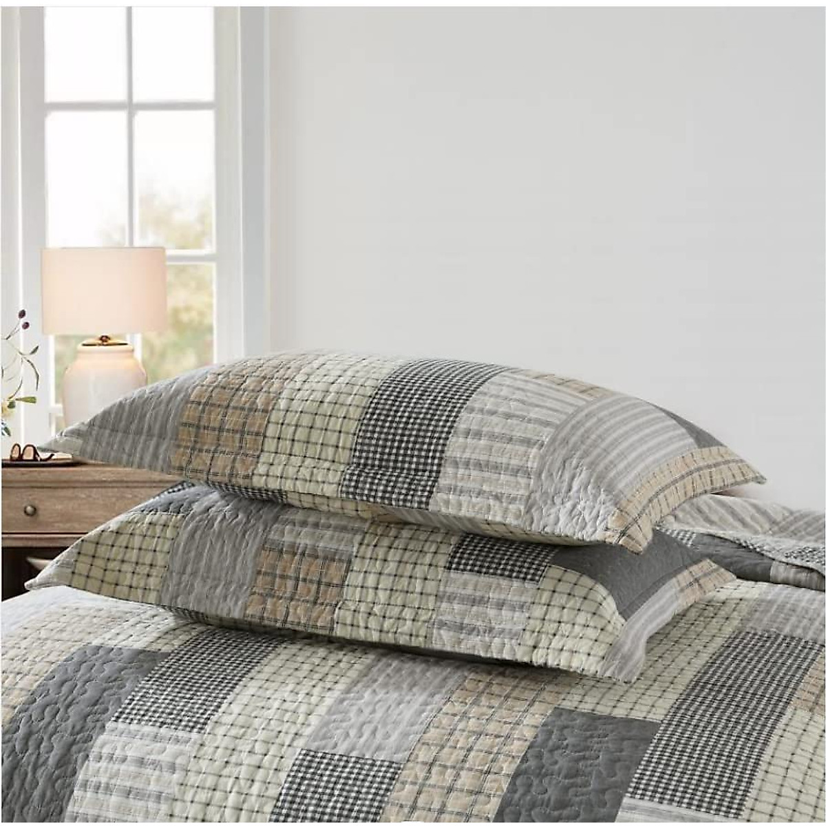 Qiqiong Quilt King Size,Patchwork Quilt Bedding Set 100% Cotton Plaid Bedspread King Size Lightweight Coverlet Comforter Set Quilted Bedspreads All Season,Gray/Charcoal/Cream/Beige 3 Pieces