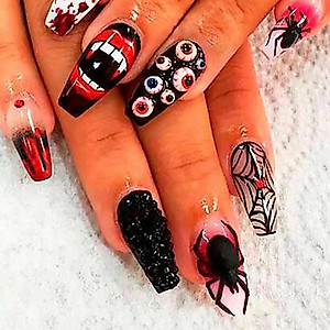 24 Pcs Halloween Press on Nails Medium Coffin Fake Nails with Nail Glue Scary False Nails with Spider Blood Mouth Eyeball Design Acrylic Nails Halloween Glue on Nails for Women Girls Halloween Nails