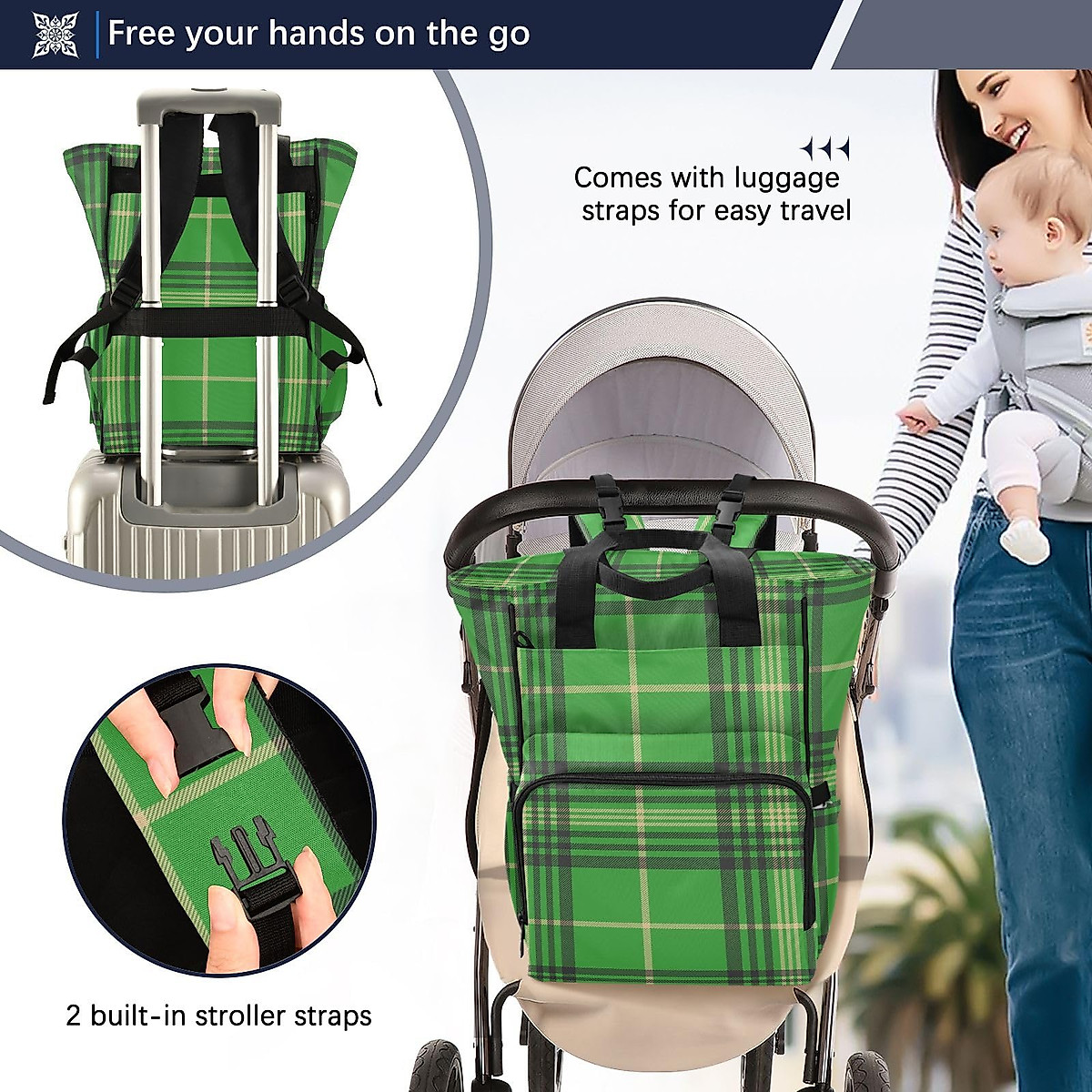 Jihqo Diaper Bag Backpack National Tartan Saint Patrick Plaid Travel Diaper Bags for Women, 10L Functional Baby Changing Bag with Insulted Pockets, Stroller Straps