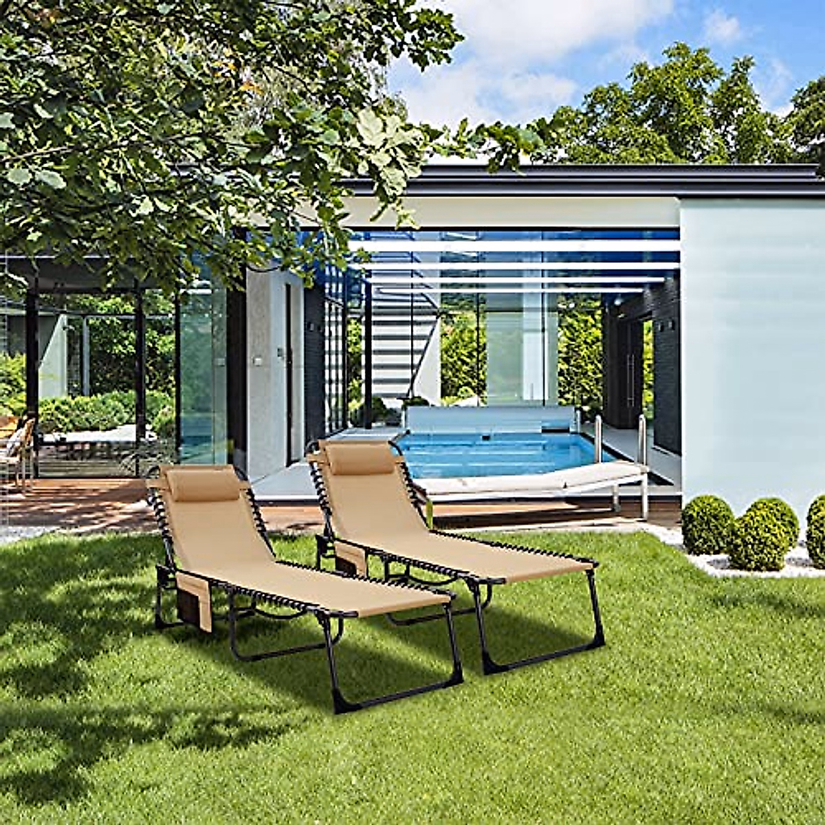 KingCamp 5-Position Folding Chaise Lounge Chair for Outside, Sunbathing, Tanning, Patio, Pool, Lawn, Deck, Portable Heavy-Duty Camping Reclining Chair with Pillow Pocket, Textilene, Supports 264lbs