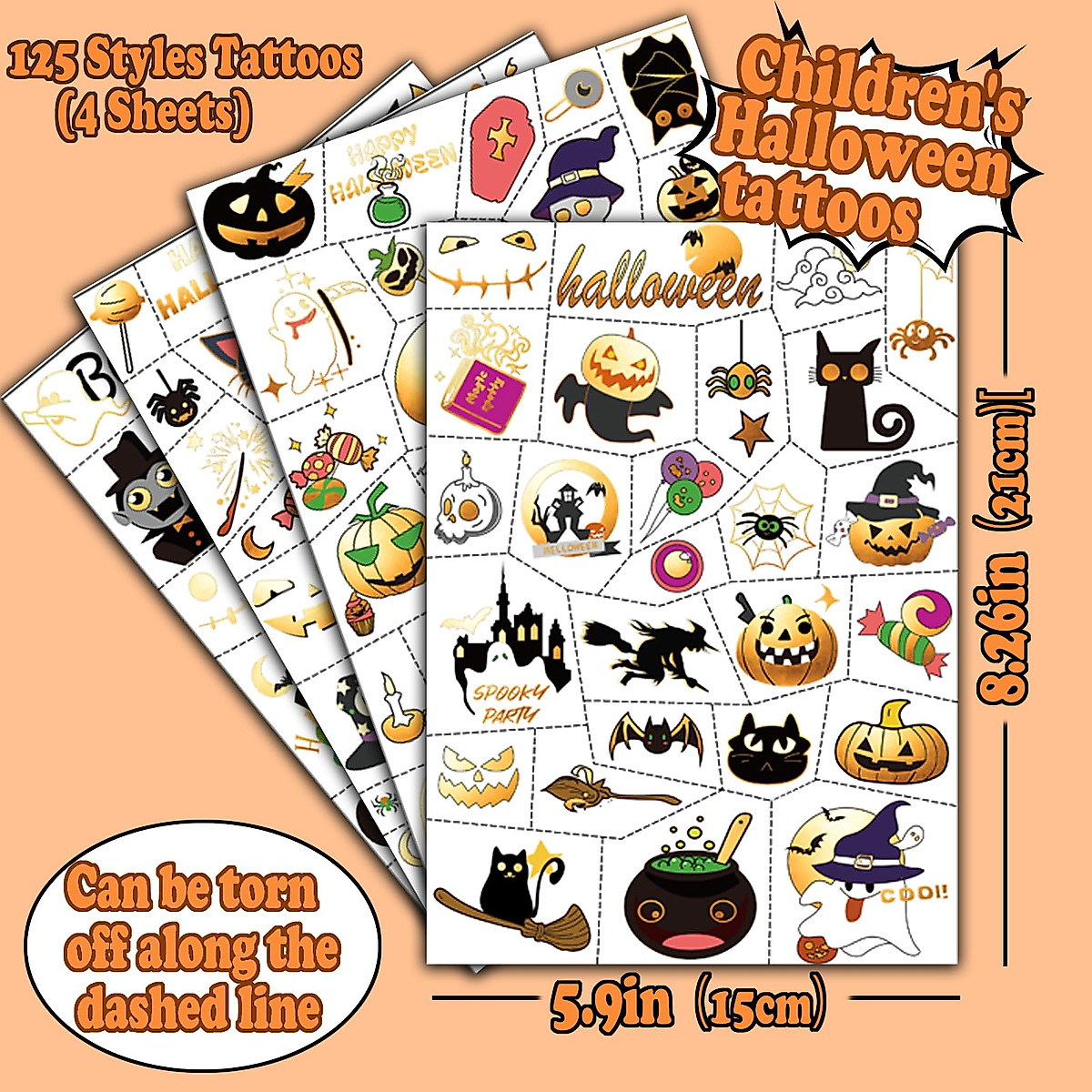Halloween Temporary Tattoo, Pumpkin Bat Cat Ghost Witch Skull Cross Grave Fake Tattoos for Kids Women Men, 125 Styles Temporary Tattoos for Halloween Party Supplie Party Favors for Boys Girls