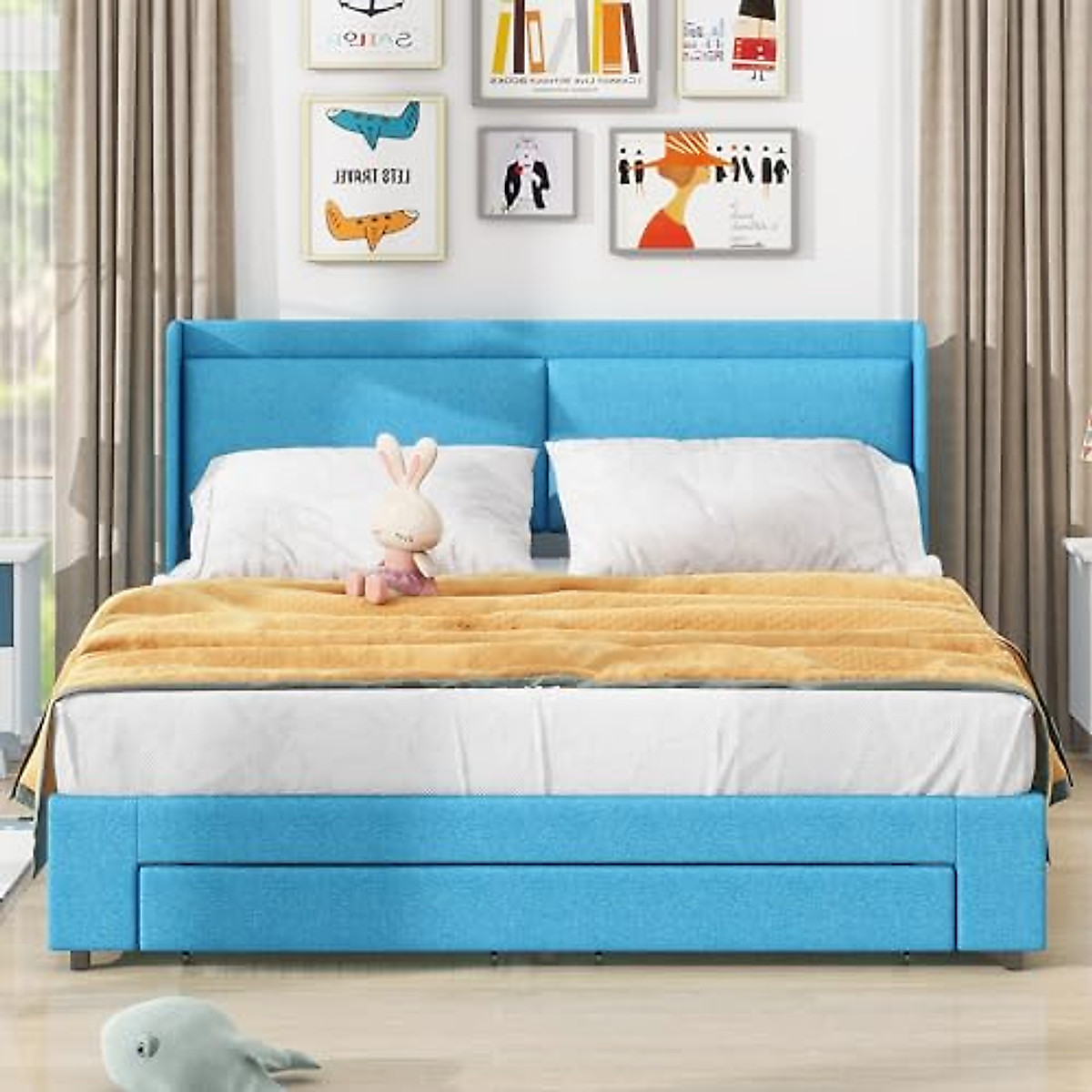 BOVZA Queen Size Lift up Storage Upholstered Platform Bed with 2 Drawers, Modern Wingback Headboard, Hydraulic Storage Bed Frame, Linen Blue