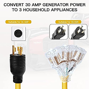 EXCELFU 30 Amp to 110 Adapter Generator Power Cord, 3 Prong 30 Amp to 15 Amp Generator Adapter, Nema L5-30P Male to 3X 5-20R Female with Lighted End, 1.5 FT