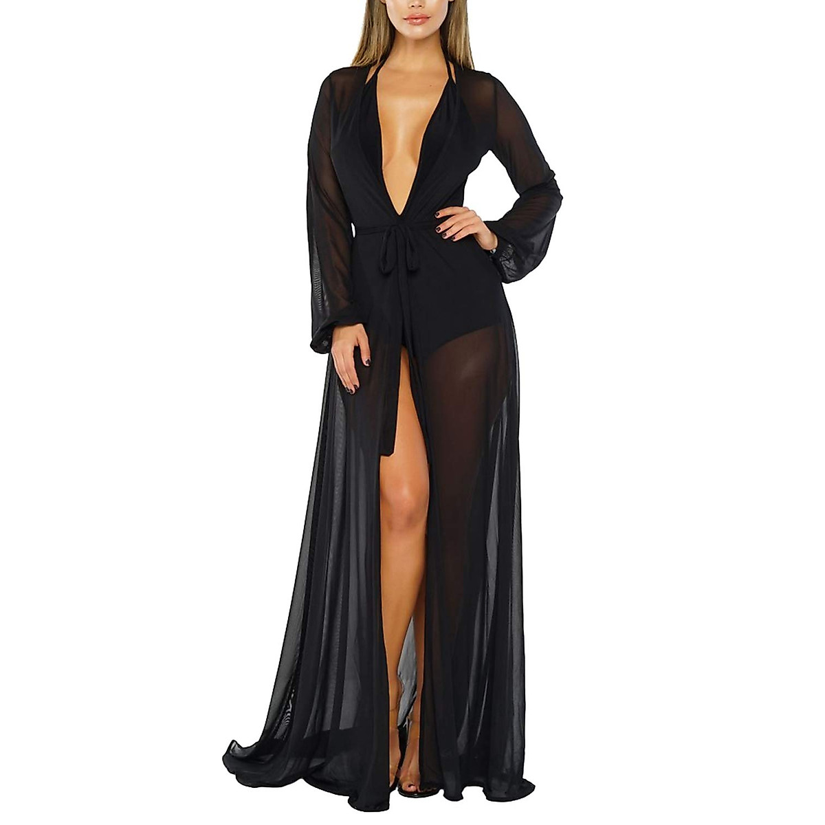 Pink Queen Women's Long Sleeve Flowy Maxi Bathing Suit Swimsuit Tie Front Robe Cover Up Black XL