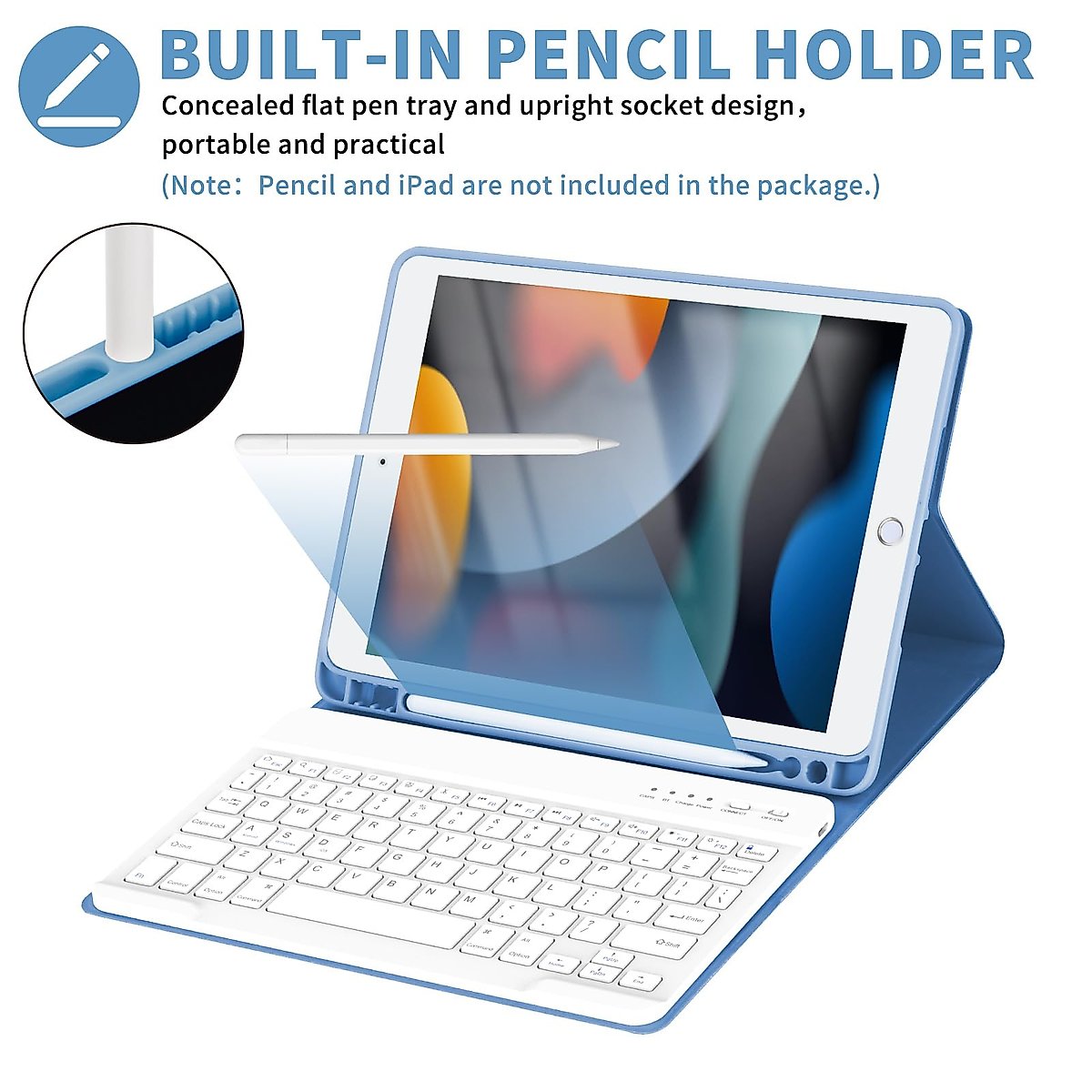 KBCASE Keyboard Case for iPad 9th/8th/7th Generation 2021/2020/2019, Compatible with iPad Air 3/Pro 10.5, Detachable Bluetooth Keyboard Case with Pencil Holder (Sky Blue)