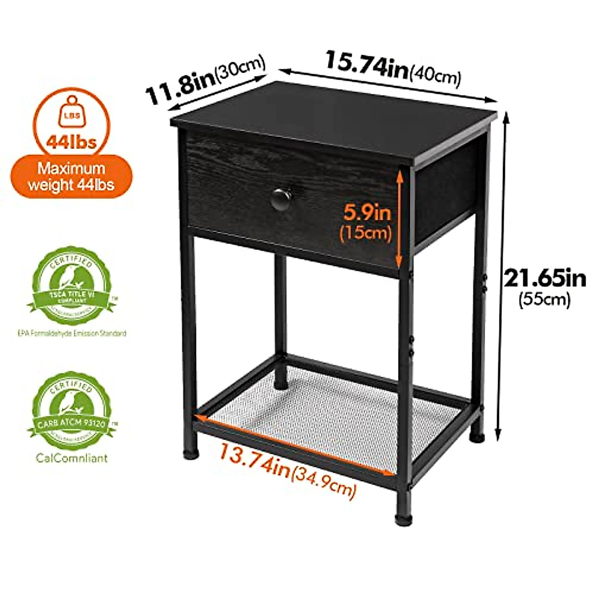 AMHANCIBLE Black Nightstands Set of 2, Small End Tables Living Room with Drawer, Laundry Hamper, Laundry Basket 2 Section