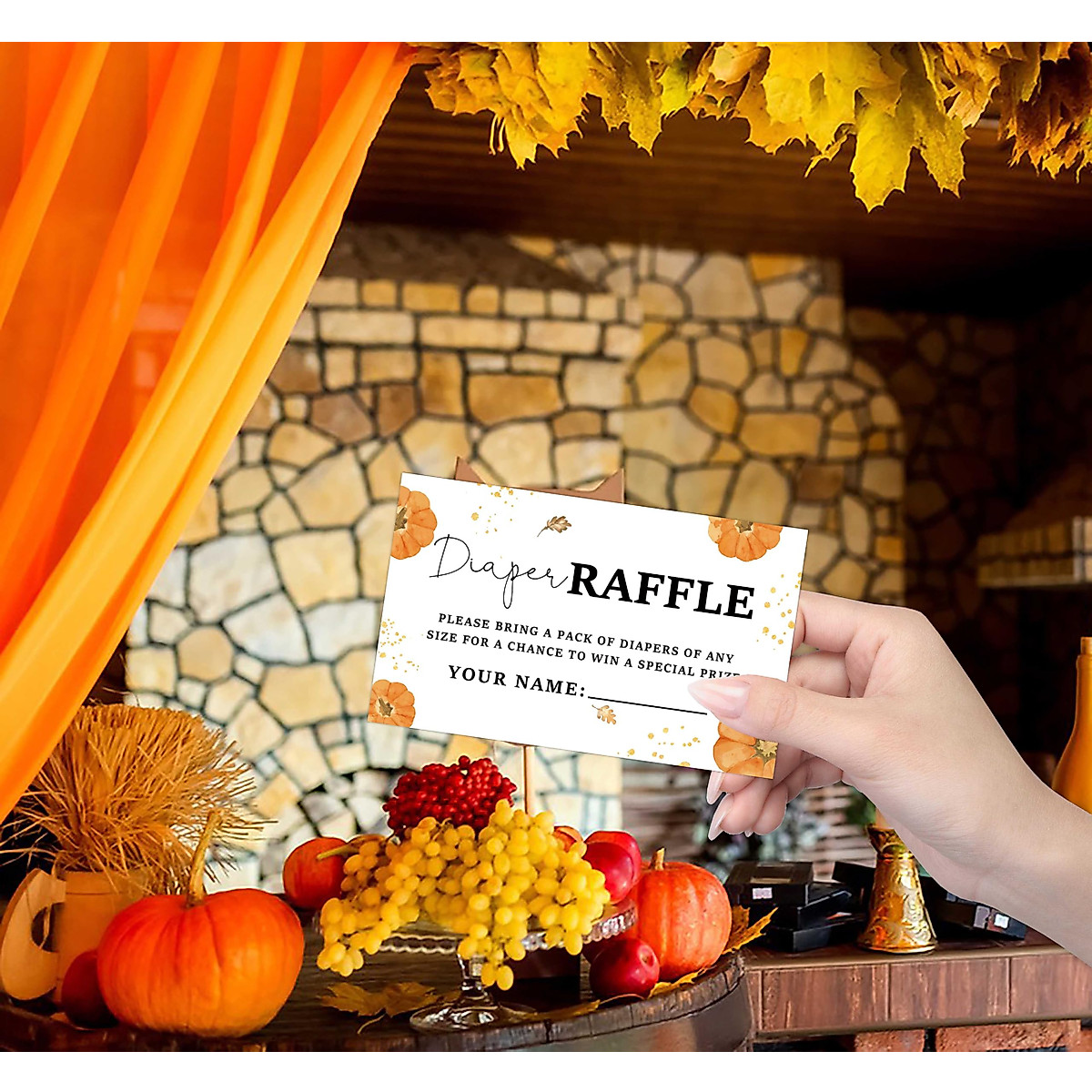 Baby Shower Games - Little Pumpkin Diaper Raffle, 1 Sign and 50 Diaper Raffle Tickets, Gender Reveal Game, Fall Baby Shower Decoration Supplies (RNB05)