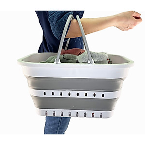 SAMMART Collpasible Shopping Basket 19L - Laundry Basket - Portable Outdoor Picnic Basket - Foldable Basket for Camping (White/Grey)