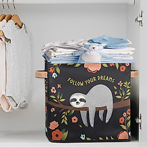 AUUXVA Follow Your Dream Quote Storage Basket for Closet, Cute Sloth Storage Bins with Handles, Foldable Storage Cube Boxes for Toys Shelves Pantry Nursery Organizing