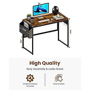 AWQM Computer Desk 39 Inch, Home Office Work Desk Laptop Desk with Side Bag, Study Writing Table Desktop Table with Iron Hook, Workstation for Small Spaces, Antique Brown