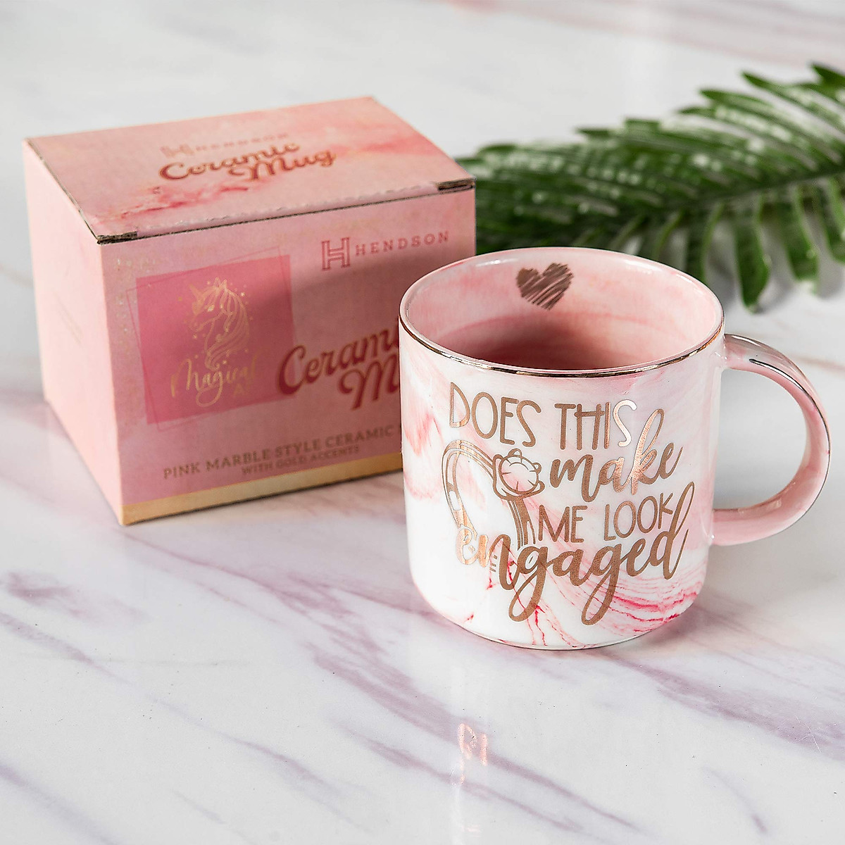 Engagement Gifts for Women - Funny Coffee Mug - Bride To Be Engaged Fiance Novelty Coffee Mugs Gift for Her - Does This Ring Make Me Look Engaged - 11.5oz Pink Marble Ceramic Cup