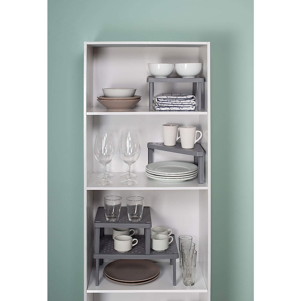 Level Collection Stackable, Kitchen Cabinet and Pantry Organizer, Modular Shelves- Set of 4 Shapes (Gray)