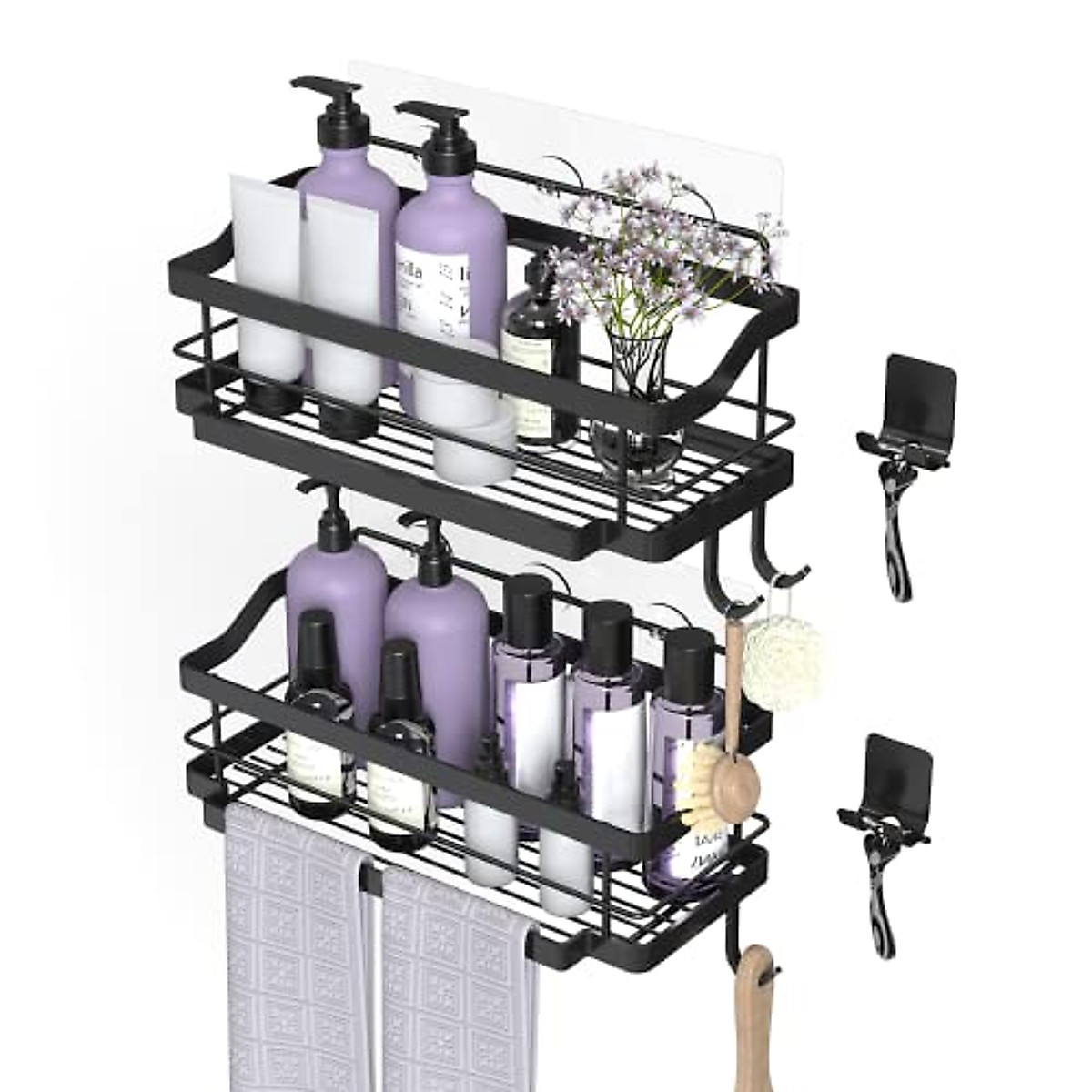 Sinminou Adhesive Shower Caddy With 5 Hooks & 2 Tower Hanger, Rustproof SUS304 Stainless Steel Shower Shelf Basket, Wall Mounted No Drilling Shower Organizer Shampoo Holder - 2 Pack (Black)