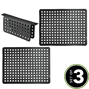 mDesign Decorative Kitchen Plastic Sink Protector Set, Quick Draining - Protect Surfaces and Dishes - Modern Slotted Design - Includes 1 Saddle, 2 Large Mats - Set of 3 - Black