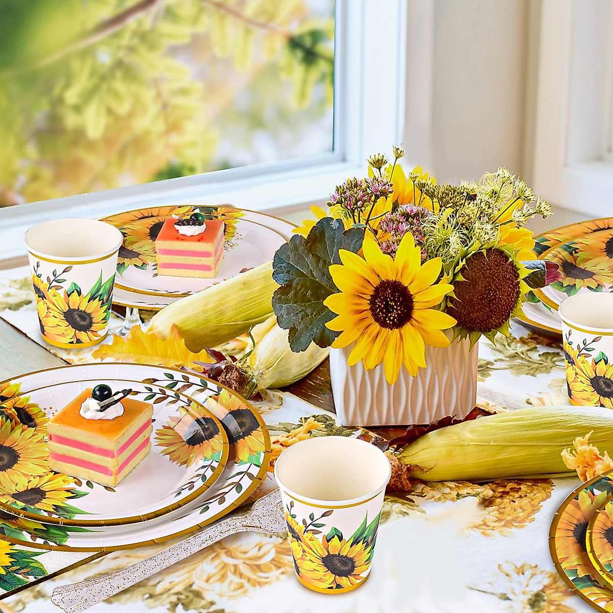 Sunflower Party Supplies, Sunflower Plates and Napkins Set, Disposable Sunflower Plates, Party Cups, Napkins and Cutlery for Sunflower Birthday, Baby Shower, Bridal Shower, Sunflower Parties Serves 24