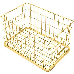 Set of 2 Stackable 10" Metal Wire Storage Basket Bins With Handles (Gold Wide Mesh Base)