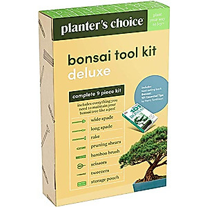 Planters' Choice Premium Bonsai Tool Kit + Bonsai 101 Book -Set Includes:Wooden Rake, Long & Wide Spades, Scissors, Tweezers, Bamboo Brush, & Pruning Shears (Trimmer/Clipper) in Fabric Storage Holder