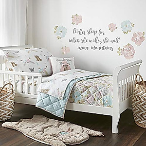 Levtex Baby Malia Floral Pink, Teal, White - 5PC Toddler Set - Kids Bedding - Reversible Quilt, Fitted Sheet, Flat Sheet, Standard Pillow Case, Decorative Pillow