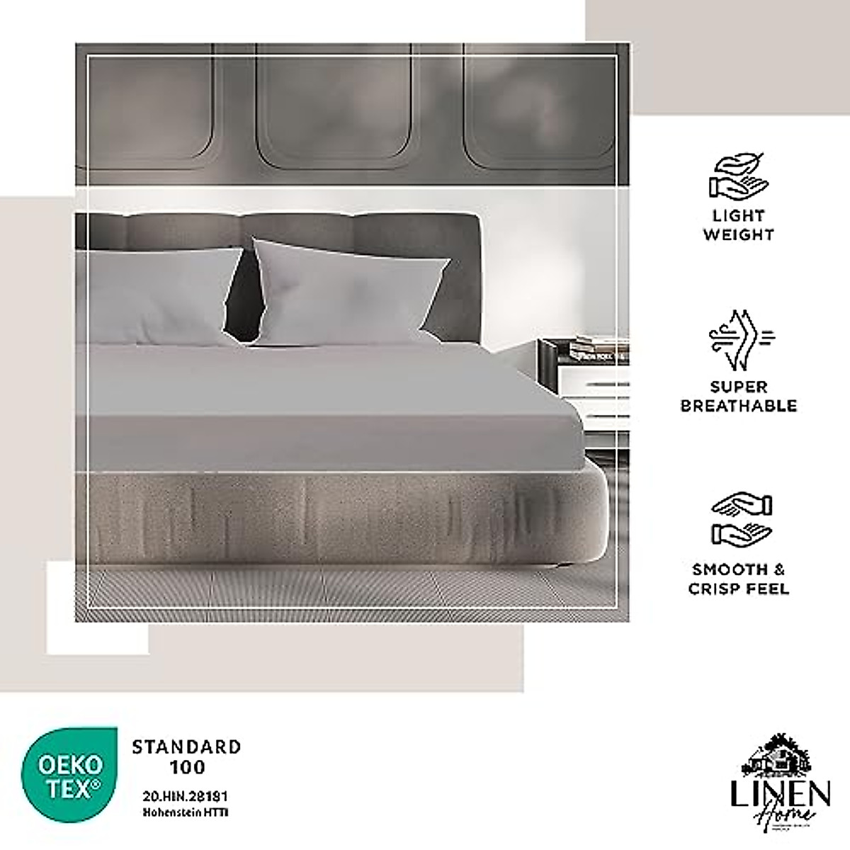 Linen Home 100% Cotton Percale Fitted Sheet Set Queen Size, Silver, Deep Pocket, 3 Piece -1 Deep Pocket Fitted Sheet and 2 Pillowcases, Crisp Cool and Strong Bed Linen