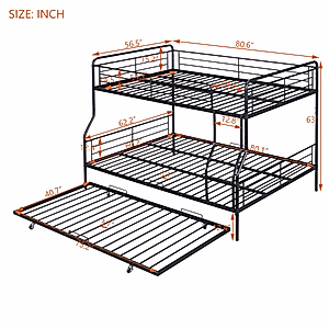 Full XL Over Queen Bunk Bed for Kids, Heavy Duty Bunk Bed Full Over Queen with Twin Size Trundle, Ladder and Safety Guardrail for Boys Girls, Easy Assemble (Black)