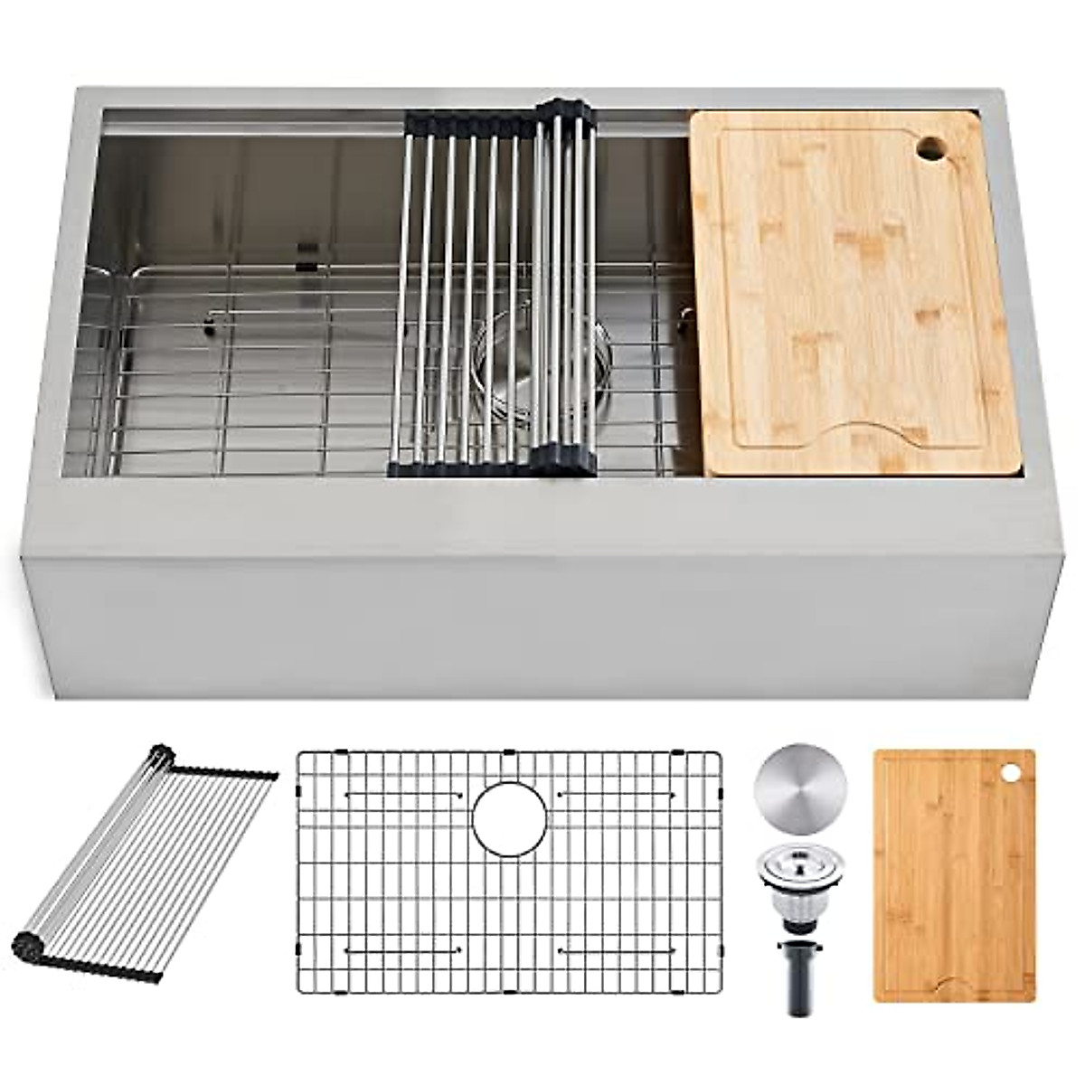 SHACO 33 Inch Farmhouse Sink, 33x20x9 Stainless Steel Farmhouse Kitchen Sink, 9 Inch Deep Brushed Nickel Single Bowl Ledge Workstation Sink, Apron Front Farm Sink with Cutting Board