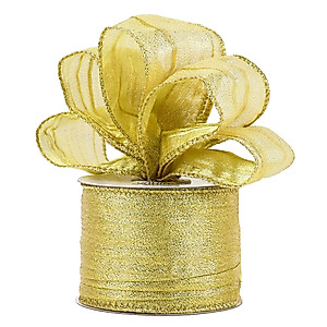 HUIHUANG Gold Wired Ribbon 2-1/2" Metallic Crinkle Gold Christmas Tree Ribbon for Bows Making, Wreath Making Supplies, Gift Wrapping, Holiday Home Decor, Garland, DIY Crafts -10 Yards