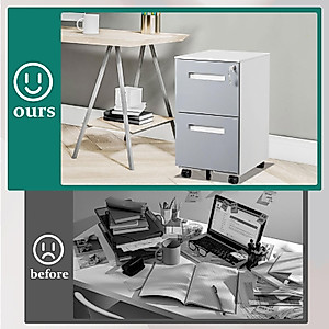 GOOGIC 2-Drawer Mobile File Cabinets, Rolling Metal Vertical Filing Cabinet for Legal & Letter File Anti-tilt Design with Lock Fully Assembled Except Casters, Gray&White(Style 3)